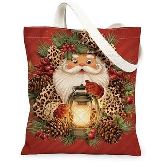 Generic Sacs fourre-tout en toile avec motif lanterne de No&euml;l, sacs d&eacute;picerie r&eacute;utilisables, r&eacute;tro l&eacute;gers et lavables avec bandouli&egrave;re C, Rouge, 13x15 Inch