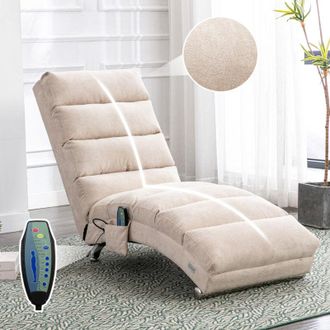 STILVORA Chaise Longue Massante Fixe 1 Place avec Vibration Douce et Poche Lat&eacute;rale, Dossier 140&deg;, Lin Beige