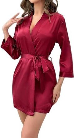 Generic Peignoir en satin pour femme - L&eacute;ger - Sexy - Kimono court - Col en V - V&ecirc;tement de d&eacute;tente en tissu satin&eacute; lisse - Respirant - Robe de chambre de mar