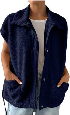 Generic Gilet en polaire pour femme - Gilet léger sans manches pour femme, poches à revers boutonnées, gilet dextérieur, veste duveteuse sherpa, solide, doux 
