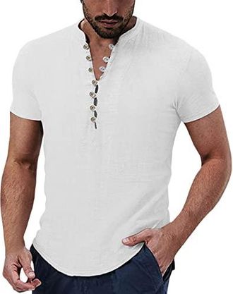 Generic Henley Chemises pour homme à manches courtes en coton et lin avec col à bande boutonnée Couleur unie, Chemises Henley blanches à manches courtes pour 