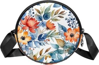 Generic Sac &agrave; bandouli&egrave;re rond pour femme, motif fleurs et feuilles, sac &agrave; dos avec fermeture &eacute;clair, bretelles r&eacute;glables, sac &agrave; main rond d&eacute;contract&eacute; pour fe