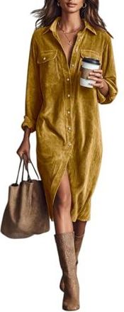 Generic Robe chemise midi boutonnée en velours côtelé pour femme, col en V, manches longues, coupe ample, avec poches, Orange, XXL