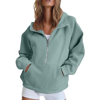 Generic Sweat à capuche uni confortable pour femme et hiver, mode décontractée, semi-zippée, pull court en peluche, couleur unie, vêtements de sport pour les 