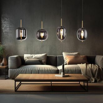 Globo Lighting Pendelleuchte schwarz Glas Pendelleuchte Esszimmerlampe Hängeleuchte, 4 Flammig, Metall messing Glas rauchig, 4x E14 Fassungen, LxBxH 110x18,5x120cm