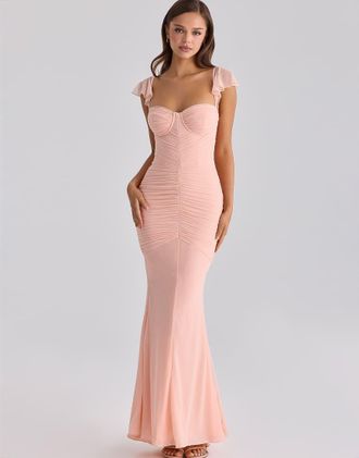 House of CB Antonella - Maxikleid aus Netzstoff in Pfirsich mit figurbetontem Schnitt-Orange
