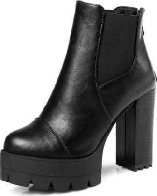 Generic Bottines Femme Bout Rond Talons Épais Plateforme Enfilables Tige PU Durable Antidérapantes Confortables Soirée Bal Chaussures,Noir,37.5 EU