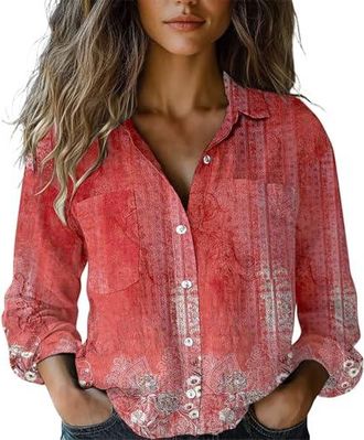 Generico Chemise Femme d&Eacute;t&eacute; &Eacute;l&eacute;gant Manches Longues T Shirt en Lin Coton Curvy Grande Taille Chemisier Col en V L&eacute;ger Blouse Vintage Imprim&eacute; avec Boutons Doux 