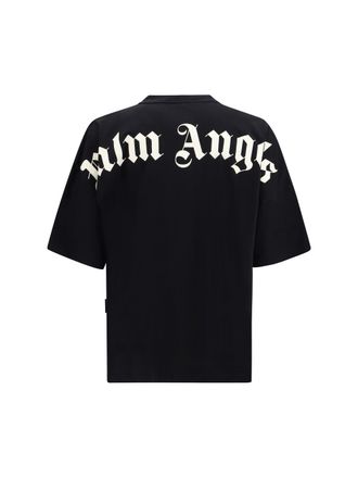 Palm Angels Mens Classic Logo Over T-Shirt Black-Off White Cotton T-Shirts And Polos