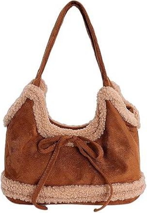 Generic Sac &agrave; bandouli&egrave;re en cuir synth&eacute;tique pour femme et fille, sac &agrave; main en laine dagneau pour voyage, shopping, travail, usage quotidien, marron, 10.24x