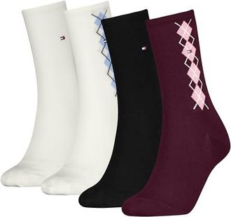 Tommy Hilfiger Argyle Classic Sock, Bordeaux/Blanc cassé, 35-38 (Lot de 4) Femmes