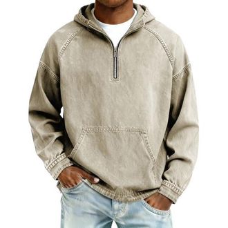 Generic Pull Homme Vintage Zip Quarter Effet D&eacute;lav&eacute; - Haut Oversized Couleurs Lav&eacute;es Col Montant D&eacute;contract&eacute; Casual, Automne Hiver Tendance(Khaki, XXXXL)