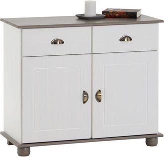 IDIMEX Buffet salon Colmar 94 cm - Bois massif blanc et brun - Rangement pour vaisselle et linge de table - Style classique avec poign&eacute;es vintage