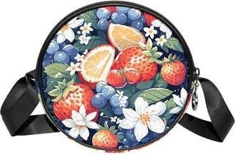Generic Petit sac &agrave; bandouli&egrave;re rond pour femme, motif fruits de dessin anim&eacute;, avec fermeture &eacute;clair, bretelles r&eacute;glables, sac &agrave; main rond d&eacute;contract&eacute; pour fe