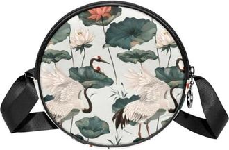 Generic Sac &agrave; bandouli&egrave;re rond pour femme, motif grues de lotus, petit sac &agrave; bandouli&egrave;re avec fermeture &eacute;clair, bretelles r&eacute;glables, sac &agrave; main rond d&eacute;contrac