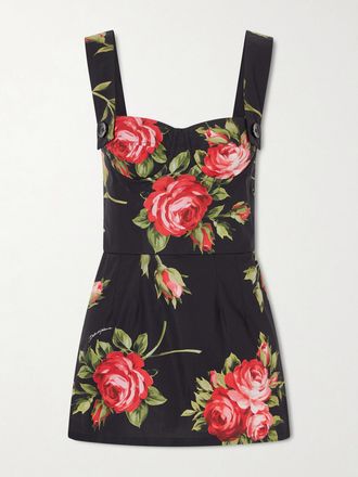 Dolce & Gabbana Mini-bustierkleid Aus Baumwolle Mit Blumenprint - Schwarz