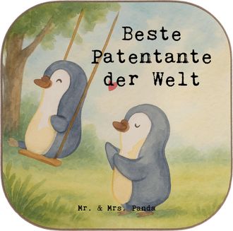 Mr. & Mrs. Panda Tischschoner Pinguin Beste Patentante der Welt Design - Geschenk, Geschenkidee, Coaster, Tassen Untersetzer, Getr&auml;nkeuntersetzer, Kleinigkeit, Familie