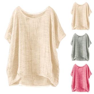 Generic Haut en coton &agrave; manches courtes pour femme - Tunique basique polyvalente - Couleur unie - Haut d&eacute;t&eacute; classique r&eacute;tro en &eacute;tamine - Confortable - T-shirt