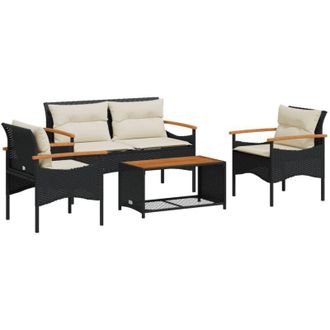 vidaXL Salon de jardin 4 pcs avec coussins noir r&eacute;sine tress&eacute;e - Vidaxl