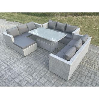 Fimous Rattan Gartenm&ouml;bel Set mit Sofa, H&ouml;he verstellbar Esstisch und Hocker,Outdoor Terrassen Essgruppe 5-teilige Sitzgruppe Helles Grau - Fimous