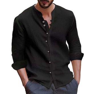 Generic Chemise en coton et lin pour homme - Chemisier dentra&icirc;nement d&eacute;contract&eacute; pour le printemps et lautomne - Col de chemise en coton &agrave; manches longues - C