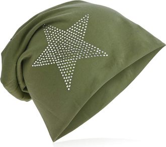 Miobo Jersey Slouch Beanie Long M&uuml;tze Stern mit Strass Stern Applikation,Farngruen