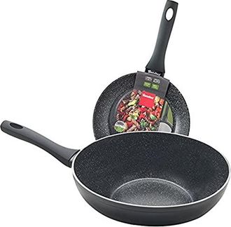 Metaltex NATIVA - Set Pfanne (24cm) + Wok (28cm) aus geschmiedetem Aluminium, Antihaftbeschichtung Stone-Tex 2 Schichten, Full Induction geeignet für alle Herd