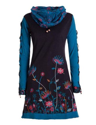 vishes Minikleid Damen Blumen-Kleid Baumwollkleid Langarm-Shirtkleid Schal-Kragen Festival, Hippie, Alternative Bekleidung