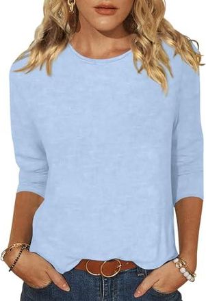 Minetom T-Shirt à Manches 3/4 pour Femme Tee Shirt Col Rond Coupe Classique Ample Léger Pull Femme Chic et Elegant Printemps été Automne Basic Top A Bleu XXL