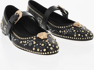 Versace Mary-Jane-Ballerinas Aus Leder Mit Nieten Und Vorderem Monogramm Versace