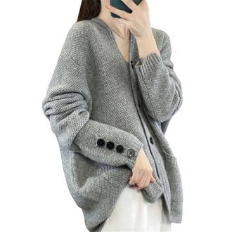 Generic Cardigan classique 100 % laine &agrave; col rond et manches longues pour femme, gris, Taille Unique
