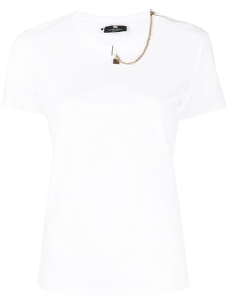Elisabetta Franchi t-shirt en coton &agrave; d&eacute;tail de cha&icirc;ne - Blanc