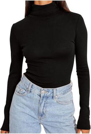 Generic Flodxo T-shirt à manches longues pour femme - Couche de base thermique - Col roulé - Sous-vêtements chauds - Léger - Coupe ajustée - Pull basique soli