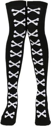 Generic Bas de cuisse &agrave; imprim&eacute; os, chaussettes longues noires blanches et roses pour femme, 4 os blancs noirs, Taille Unique