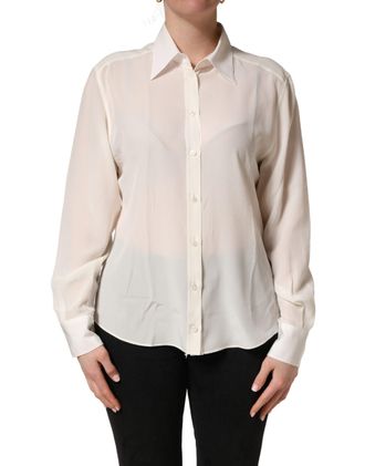 Dolce & Gabbana Womens Off White Collared Long Sleeves Blouse Top Silk