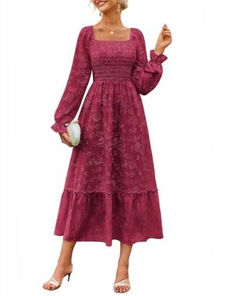 Grace Karin Grace Karin Robe longue &agrave; manches longues pour femmes, coupe A, automne, avec ceinture &eacute;lastique, bordeaux, M