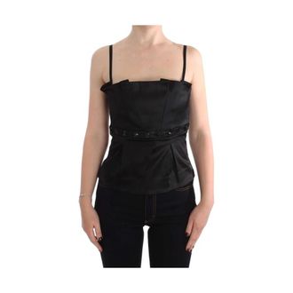 Exte Schwarzes Satin Plissiertes Elegantes Top - - Tops - Damen - Schwarzk - XS