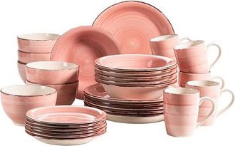 Mäser 931615 Bel Tempo II 30-teiliges Vintage Geschirr Set für 6 Personen, handbemaltes Keramik Kombiservice in Rosa, Steingut, Koralle