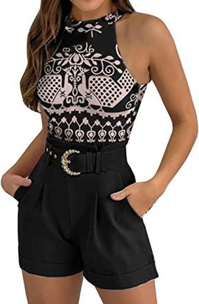 Generic Blingko Ensemble Femme Short Et Haut Chic,Imprimé Floral Sportwear 2 PièCes Tenue DéTé Chic éLéGant Slim Ensemble Short sans Manches DéBardeur Et Shor