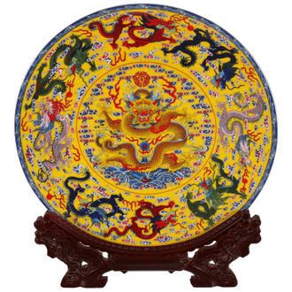 DOITOOL Keramik Dekorativer Teller mit St&auml;nder Chinesischer Stil Feng Shui Kunsthandwerk f&uuml;r K&uuml;chen Esszimmerschrank Dekoteller aus Stabilem Keramik Material 