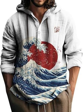 Generic Lot de t-shirts &agrave; capuche en coton et lin pour homme avec boutons et manches longues, bleu ciel, 4XL