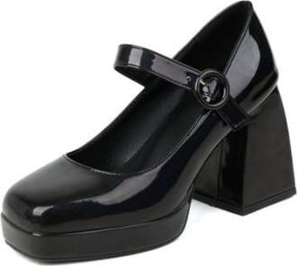 Generic Femmes Bout carré Soirée Plateforme Talons Cheville Sangle Bureau & Brunch Chaussures Talon Bloc Rétro Mary Janes,Noir,41 EU