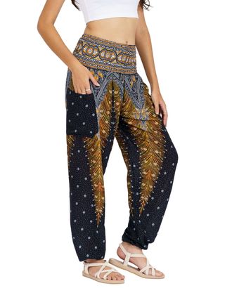 Lofbaz Damen Haremshose Yogahose Pumphose Hippie Hose Boho Kleidung Festival Outfit Sommerhose Leicht Sommer Hosen - Peacock 1 Schwarz XXL Große Größen