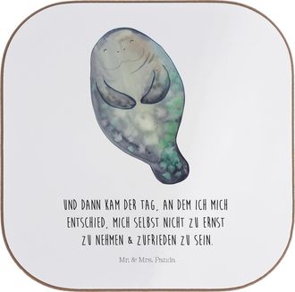 Mr. & Mrs. Panda Tischuntersetzer Seekuh Happy - Geschenk, Neuanfang, Coaster, Untersetzer Glas, Freundin, gläseruntersetzer, Achtsamkeit, Seekühe, Liebeskummer, Respe