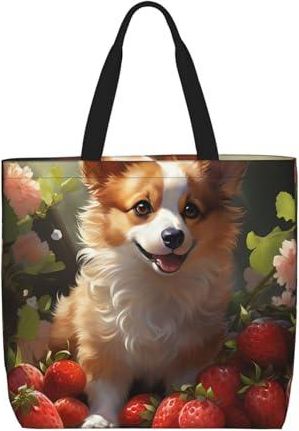 Generic Fraise Et Adorable Corgi Sac Fourre-Tout D&eacute;contract&eacute; Sacs De Courses Grand Sac A Main Femmes Pour Travail Gym Plage