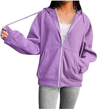 Generic Sweat à capuche zippé sur le devant pour femme - Pull surdimensionné à manches longues - Couleur unie - Automne et hiver - Col rond - Pull décontracté
