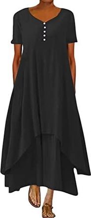 ORANDESIGNE Robe Longue Femme Kaftan en Coton et Lin Robe Ample Col V Boho Plage Eté Robes Décontracté Chic Manches Longues Grande Taille Maxi Robes A-Line 2 in 1