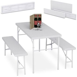 Relaxdays Bierzeltgarnitur klappbar, 3-tlg. Bierbank Set mit großem Tisch, Garten, Festzeltgarnitur, Rattanoptik, weiß - Relaxdays