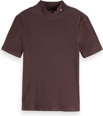 Scotch & Soda Damen-T-Shirt mit Stehkragen, gerippt, Schokoladenpflaume, L