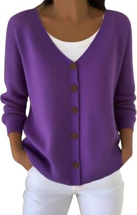TOMWELL Pull Femme Col V Chaud Couleur Unie Pulls en Tricot Manche Longue Haut Bouton Cardigan Tricot&eacute; A Violet L